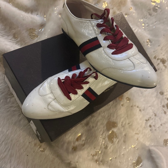 Gucci | Shoes | Gucci Patten Leather White Sneaker | Poshmark